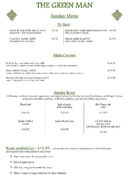 Sunday menu :: The Green Man, Norton Disney
